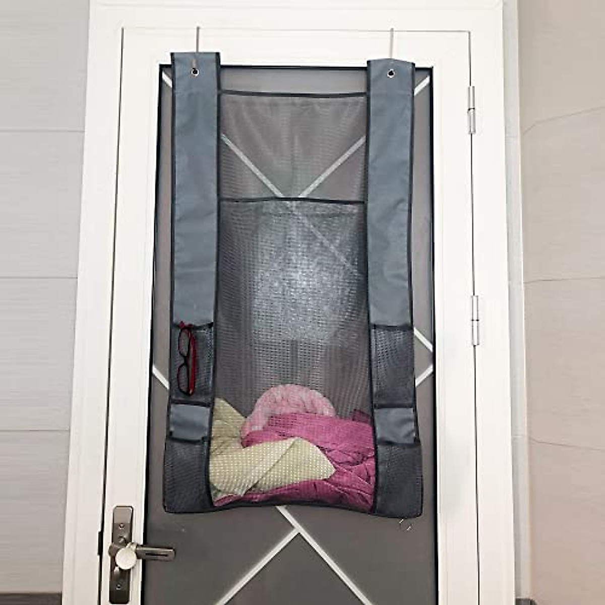 Sainal Hanging Laundry Hamper Bag Large Over The Door Mesh Storage Bag and Space Saving Clothes Hamper with Hooks,Wall-mounted Foldable Laundry Basket (Grey)