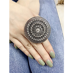 Dtja Boho Exaggerated CZ Statement Ring for Women Adjustable Bohemian Antique Mosaic Crystal Expandable Big Open Wrap Finger Rings Comfort Fit Retro Indian Style Jewelry (Silver Star)