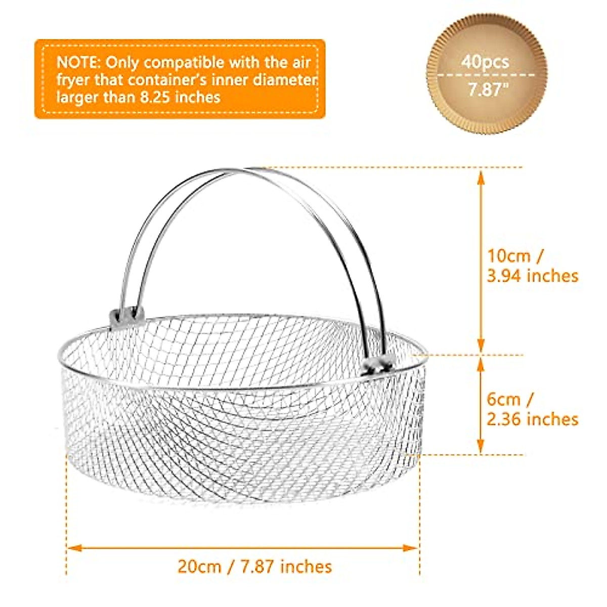 Air Fryer Basket, Oven Steamer Basket with 30pcs Air Fryer Paper Liner, 304 Stainless Steel Mesh Basket for Air Fryer, Air Fryer Accessory 8 inch Basket with Handle