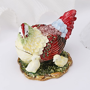 Hand Painted Hen Trinket Box for Home Decor, Hinged Enamel Jewelry Organizer Storage for Ring Earrings, Unique Figurine Keepsake Collectible Personalized Elegant Ornaments (Hen with Chicks)