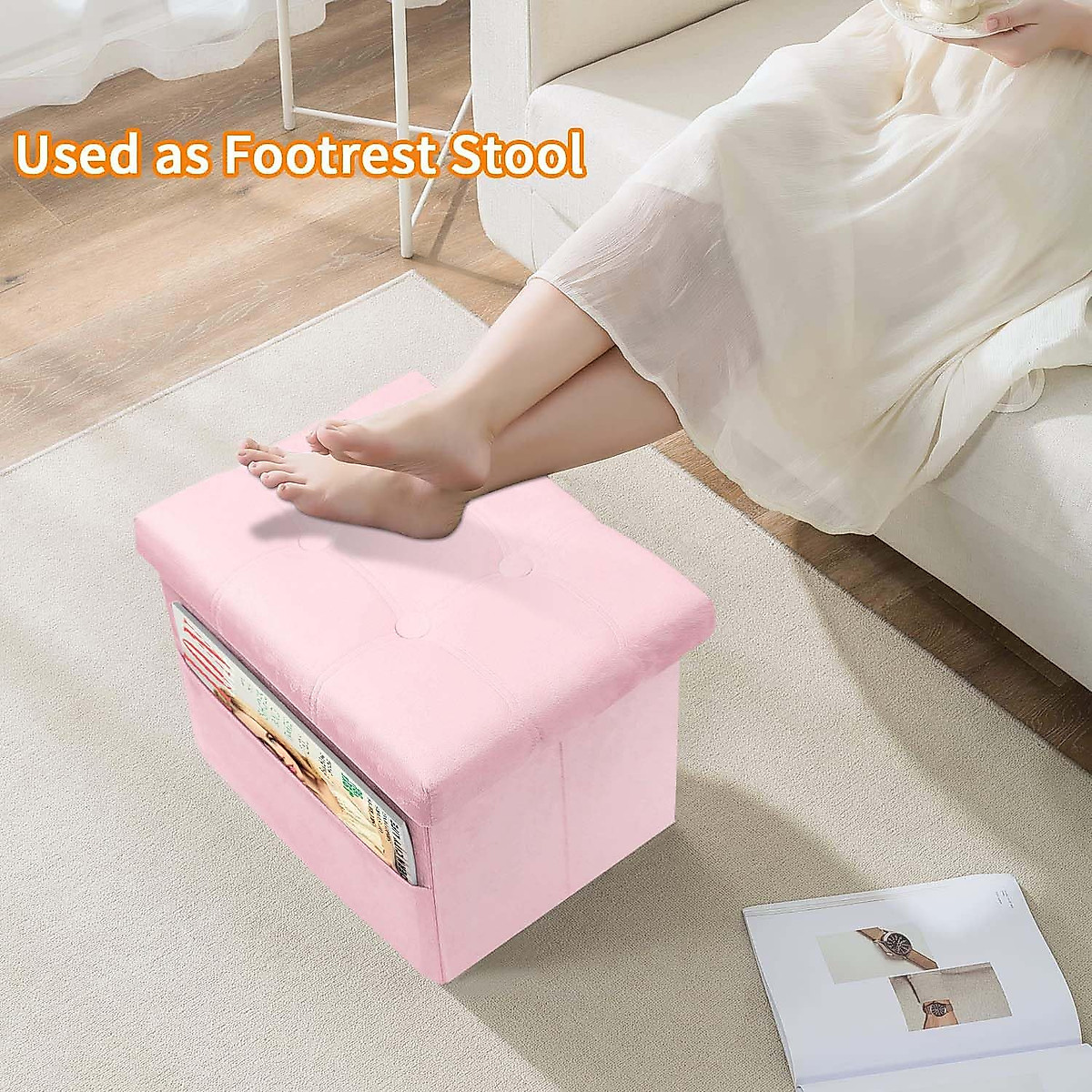 Storage Ottoman Foot Stool, 17 inches Folding Ottoman with Storage, Velvet Storage Bench with Side Pocket, Foot Rest for Living Room, Bedroom, Pink