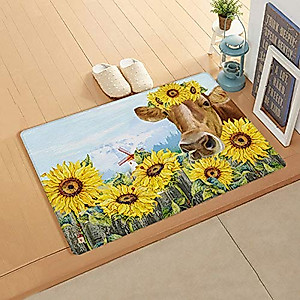 Kitchen Mat, Cow Farm Animal Rustic Sunflower Kitchen Rugs Kitchen Organization, Anti-Fatigue PVC Leather Kitchen Floor Mats Kitchen Runner Rug, Kitchen Decor Standing Desk Mats