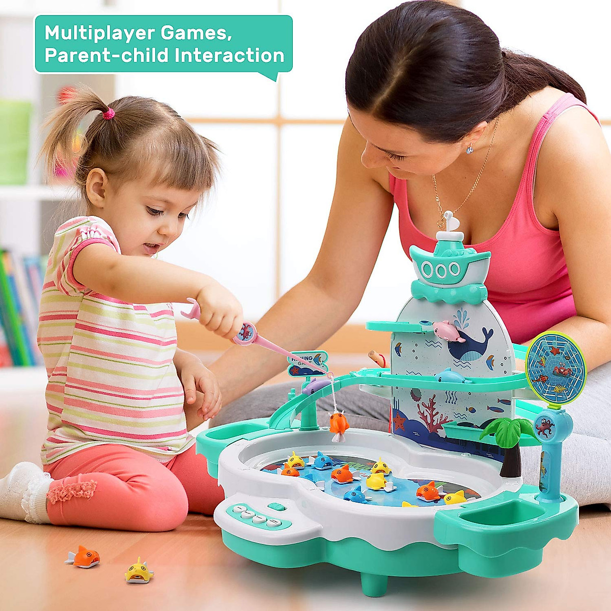 CUTE STONE Fishing Game Toys with Slideway,Electronic Toy Fishing Set with Magnetic Pond,10 Fish,3 Magnetic Dolphins,2 Toy Fishing Poles,Learning Educational Toys with Music Story for Kids Toddlers