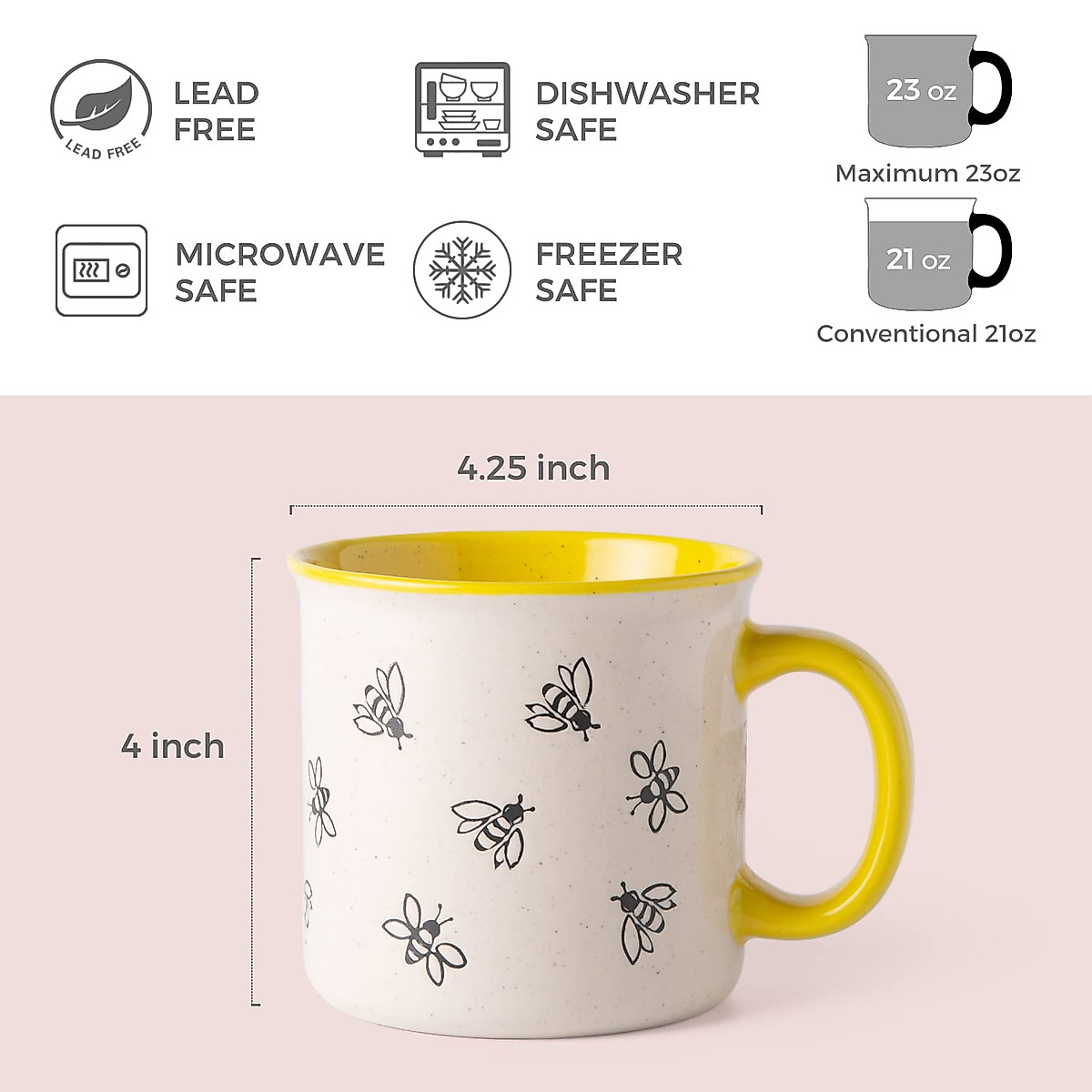 AmorArc 22 OZ Large Ceramic Coffee Mugs, Oversized Soup Cups With Big Handle for Men Women Dad Mom, Big Mug With Textured Bees Patterns for Office & Home -Microwave Safe, 2 Pcs
