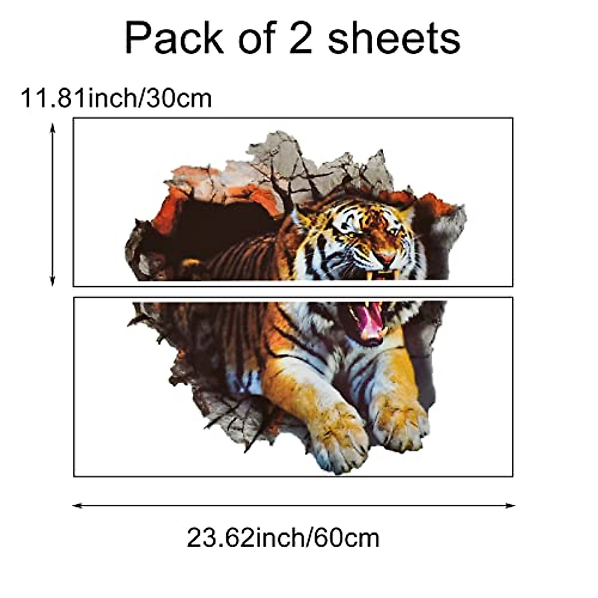 Pinenjoy 3D Tiger Wall Decal Smashed Wild Animal Wall Sticker 23.62x23.62inch Removable Self-Adhesive Vinyl Jungle Animal Wall Mural for Nursery Playroom Kids Room Bedroom Wall Decors