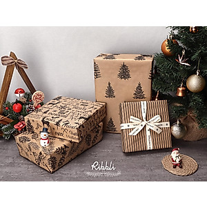 Ribbli 4 Rolls Gift-Wrapping Paper, Vintage Christmas Style, 30x120 inch(10ft) Per Roll, 100 Sq Ft Total, Brown Kraft Paper with Black Pattern