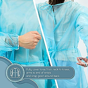[10-Pack] Disposable Isolation Gown, FDA Registered, AAMI Level 1 PP & PE 30g, Fully Closed Double Tie Back, Elastic Cuffs, Fluid Resistant, Unisex (10), Blue