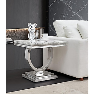 Mid-Century Modern White Marble End Table w/Silver U-Shaped Stainless Steel Base Night Stand Square End Table for Living Room Luxury Sofa Side Table witn High Glossy Finish