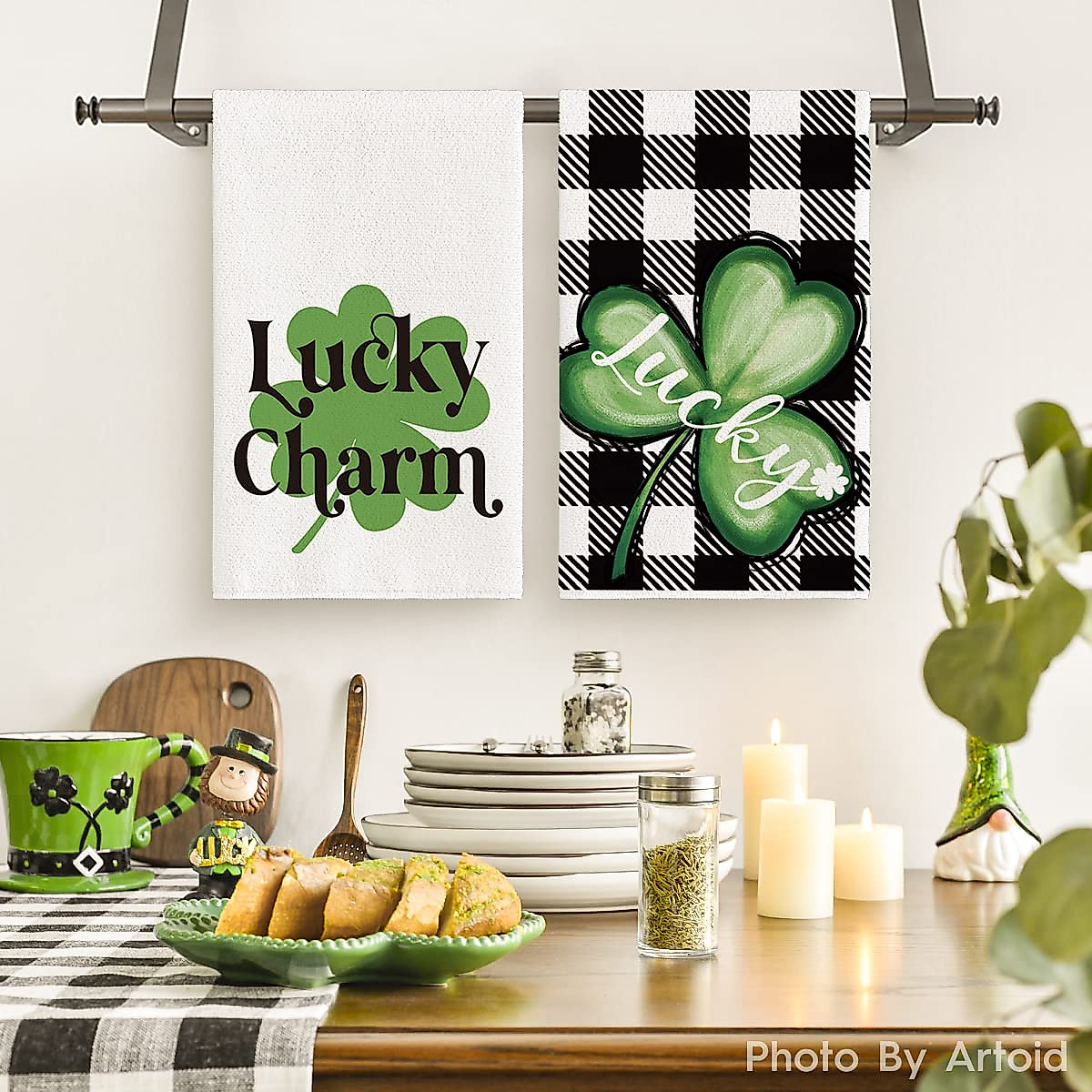 Artoid Mode Buffalo Plaid Clover Shamrock Lucky Charm St. Patrick's Day Kitchen Towels Dish Towels, 18x26 Inch Seasonal Kiss Me Hat Decoration Hand Towels Set of 4