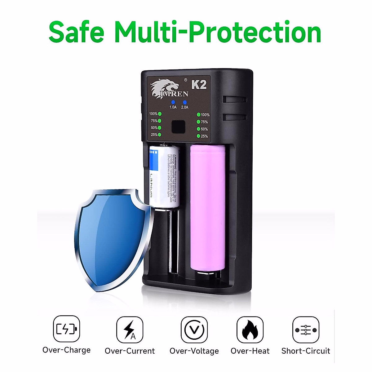 IMREN 26650 10400 Battery Charger, 3.7V Lithium ion Battery Charger for 18650 10440 14500 14650 18500 18350 18700 26650,1.2V Ni-MH/Ni-Cd Battery, 2 Bay 18650 USB C Battery Charger