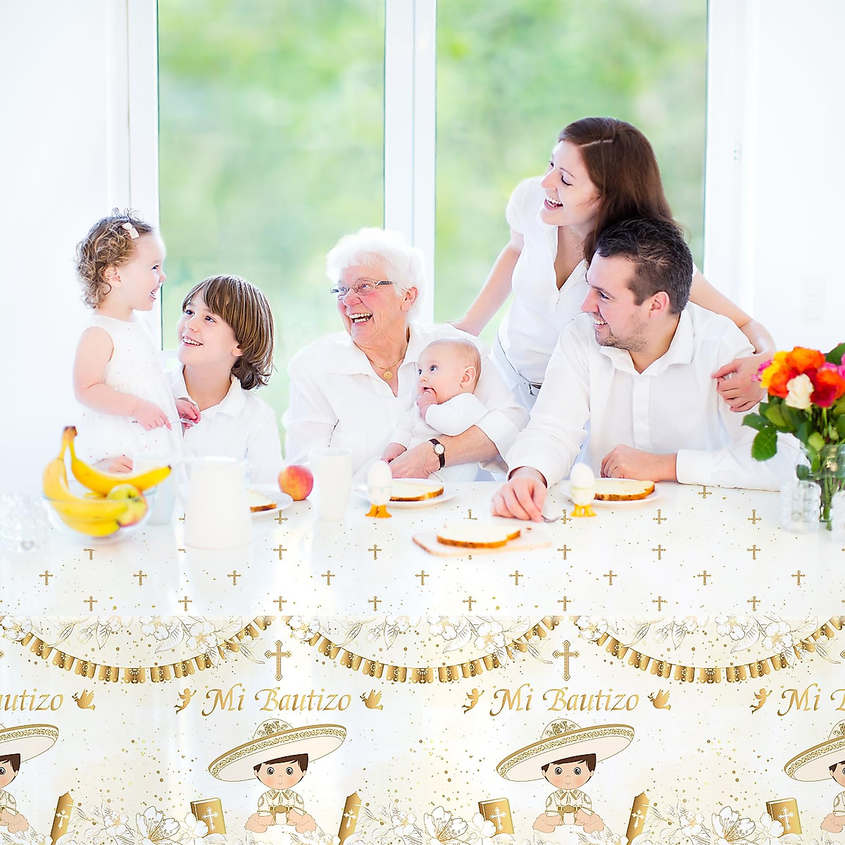 GREHUMOR Mi Bautizo Decoration-First Communion Tablecloth for Boy God Bless,Baptism Party Decoration Christening Party Supplies 2PC