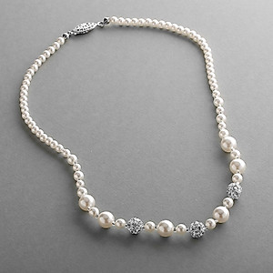 Mariell Pearl Necklace for Brides with Rhinestone Crystal Fireball Accents, 16", Bridal & Wedding Jewelry