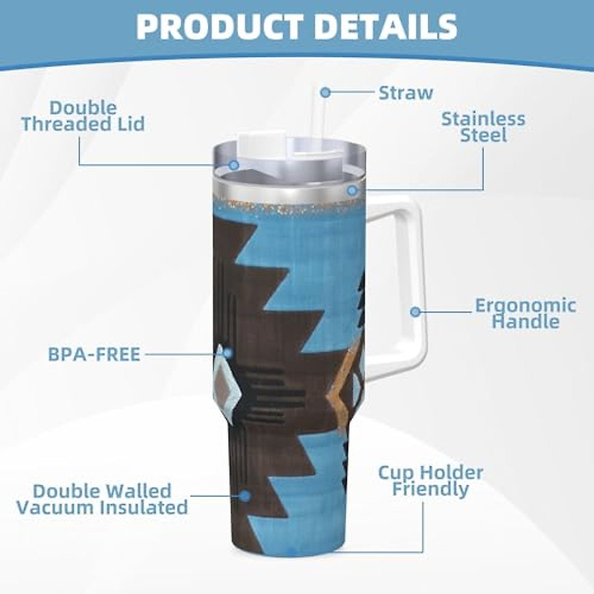 Xiexide 40oz Fits Cup Holder Indoor Southwestern Aztec Navajo Indian Totem Heritage Double Walled Vacuum Insulatedith Handle And Straw,Hot & Cold Drinks