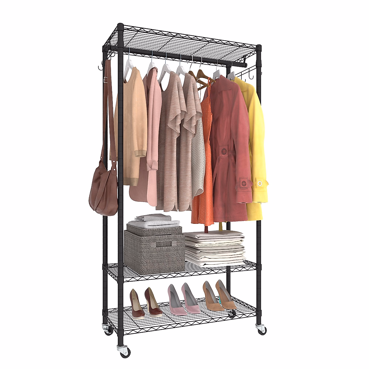 Serxis Rolling Portable Garment Rack,Freestanding Clothes Racks, Portable Closet Wardrobe with 3 Adjustable Wire shelves,2 Side Hooks, Black