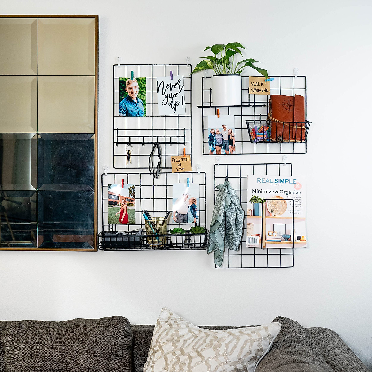 4 Pack Wire Wall Grid Panel with Accessories | Includes Hanging Wall Baskets, Letter Sorter, Shelf & Hook Rack | Grid Wall Panels | Photo Grid | Hanging Home, Office & Kitchen Décor | Photo Wall