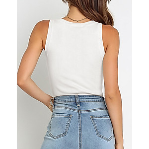 ZESICA Women's Sleeveless Tank Tops Summer Scoop Neck Ribbed Knit Slim Fitted Casual Basic Tee Shirts,White,Medium