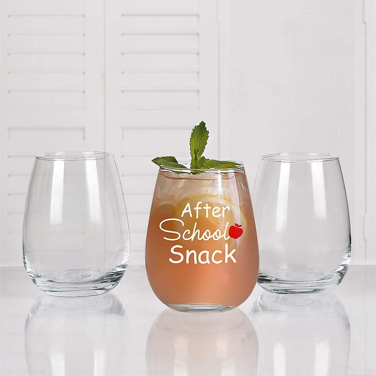 Teacher Gift - After School Snack Stemless Wine Glass 15Oz, Teacher Wine Glass for Preschool, Elementary, High School Teacher, Professor, Gift Idea for Teacher Appreciation Day, Retirement, Christmas