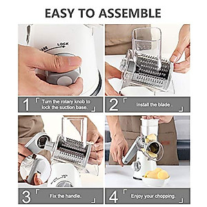 Ancevsk Rotary Cheese Grater Shredder with Strong Suction Base, Kitchen Speed Hand Crank Vegetable Slicer, Potato Hash Brown Shredder Nut Grinder with 3 Replaceable Stainless Steel Drum Blades (White)