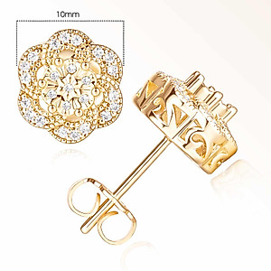 GLOSOLE Gold Stud Earrings for women Trendy, Flower-shaped 14K Gold Earrings Studs Sparkling Zirconia 10mm