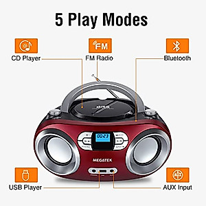 MEGATEK Portable CD Player Boombox with FM Radio, Bluetooth, USB, Aux-in and Headphone Jack, CD-R/RW and MP3 CDs Compatible, Enhanced Stereo Sound, AC/Battery Operated - Cherry Red