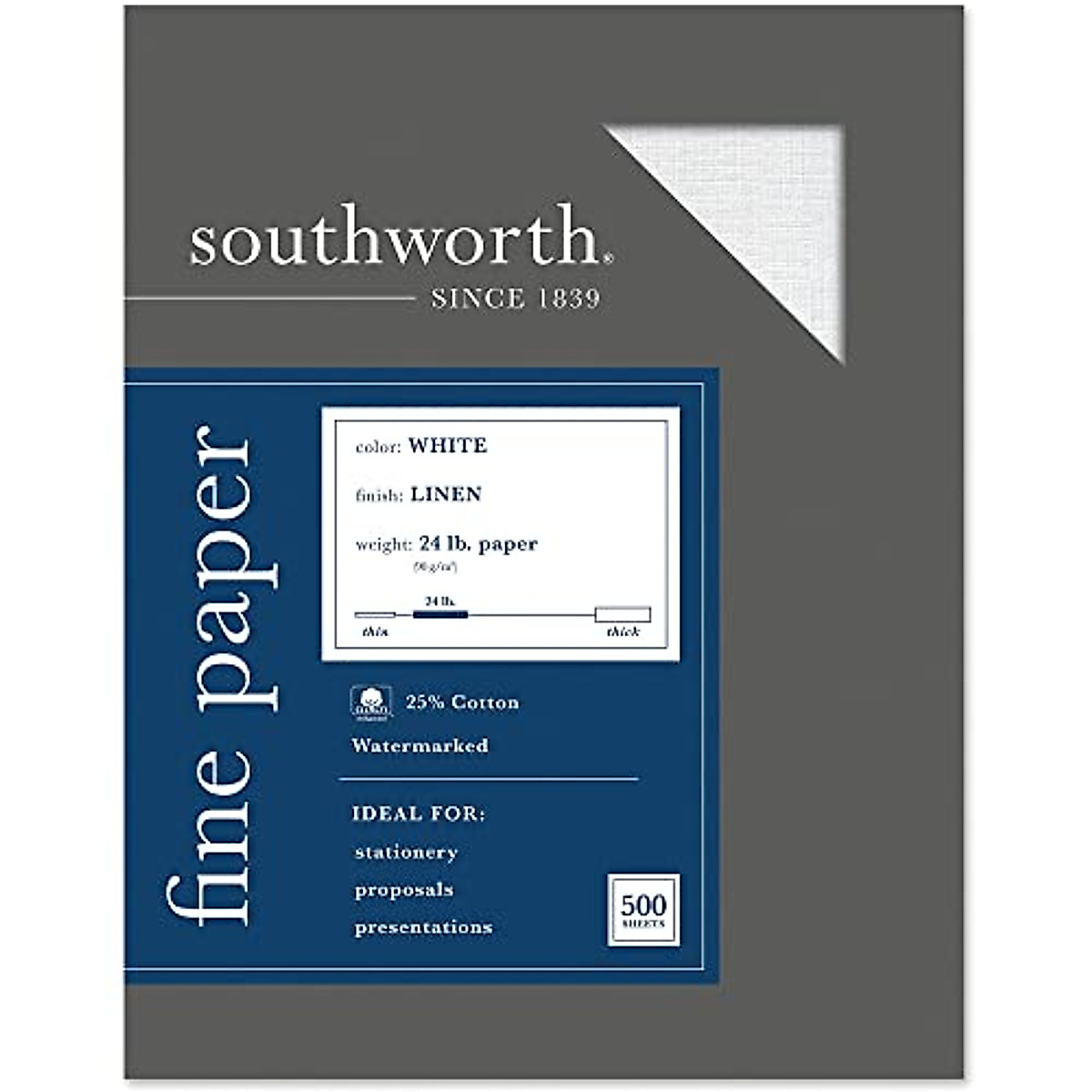 Southworth FSC Certified 55% Recycled 25% Cotton Linen Business Paper, 8 1/2in. x 11in., 24 Lb, White, Box Of 500, 554C