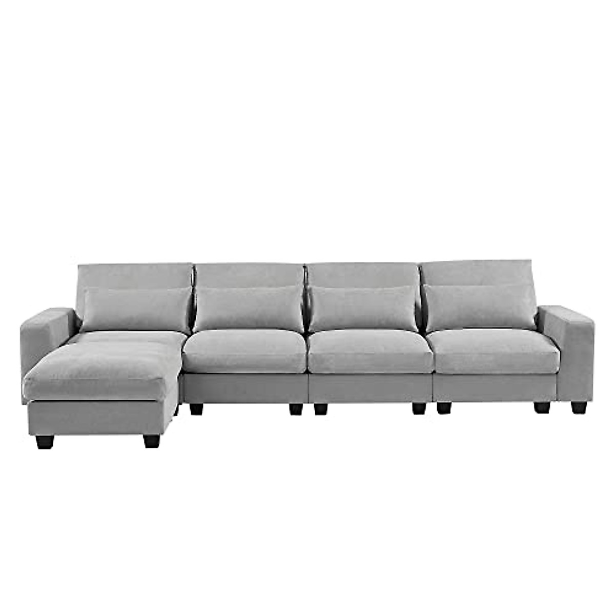 L-Shaped Corner Modular Down Feather Filled Sectional Sofa with 4 Waist Pillows and Movable Ottoman/Chaise, Deep Seat Upholstered Reversible Cushions Couch for Home Office Apartment Living Room Sets