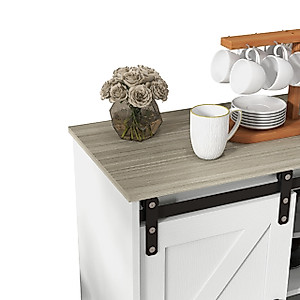 Panana Sliding Barn Door Buffet Sideboard Storage Cabinet Coffee Bar Kitchen Farmhouse Style (White Cabinet Nature Top)