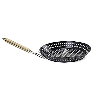 Zemibi Grill Pan With Holes, Nonstick Grill Skillet, Heavy Duty Frying Pan with Wooden Foldable Handle, Grill Basket Hollow Tray for Camping Cookware, Picnics and Other Outdoor BBQ Activities