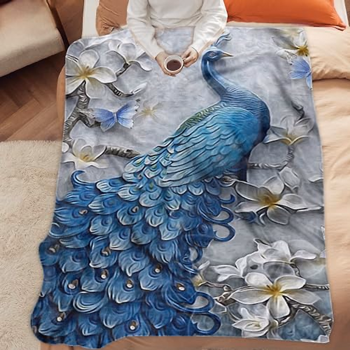 Throw Blanket Blue Peacock Super Soft Warm Large Flannel Blanket Bird Blanket Print Throw Blanket Lightweight Cozy Moving Blankets Fuzzy Blanket for Bed Couch Sofa 40x50inch