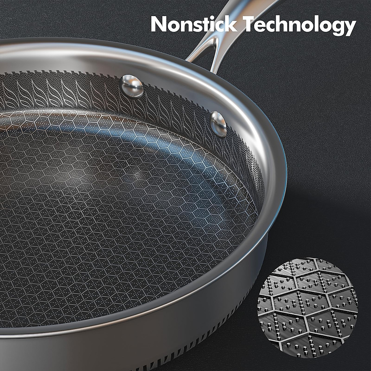 AuFranc® Hybrid Nonstick Stainless Steel Pots and Pans Set, Induction Cookware Set with Tempered Glass Lids, Non-stick Pot and Pan Set Suitable for All Cooktops, Non-Toxic, Dishwasher & Oven Safe