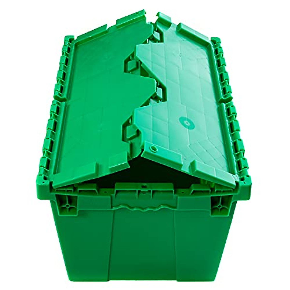 12 Gallon Heavy-Duty Flip Tote Storage Container (PACK OF 4) - Green, Commercial Flip Top Tote, Industrial Plastic Storage Tote - 21 in. L x 15 in. W x 12 in. H, Padlock & Metal Hinged Flip Cover