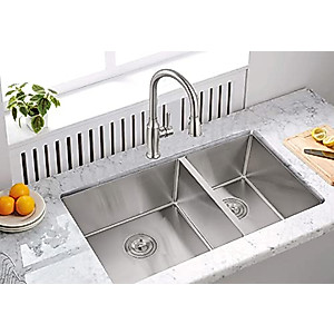 ROVOGO 33x19x9 in. Undermount 60/40 Double Bowl Kitchen Sink, Stainless Steel Sink Deep Handmade 2 Offset Basin with Basket Strainer, Brushed