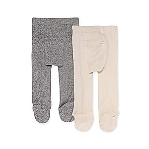 Burt's Bees Baby baby girls Tights, Set of 2 Ribbed Organic Cotton Legging Stockings Tights, Eggshell/Grey, 12 Months US