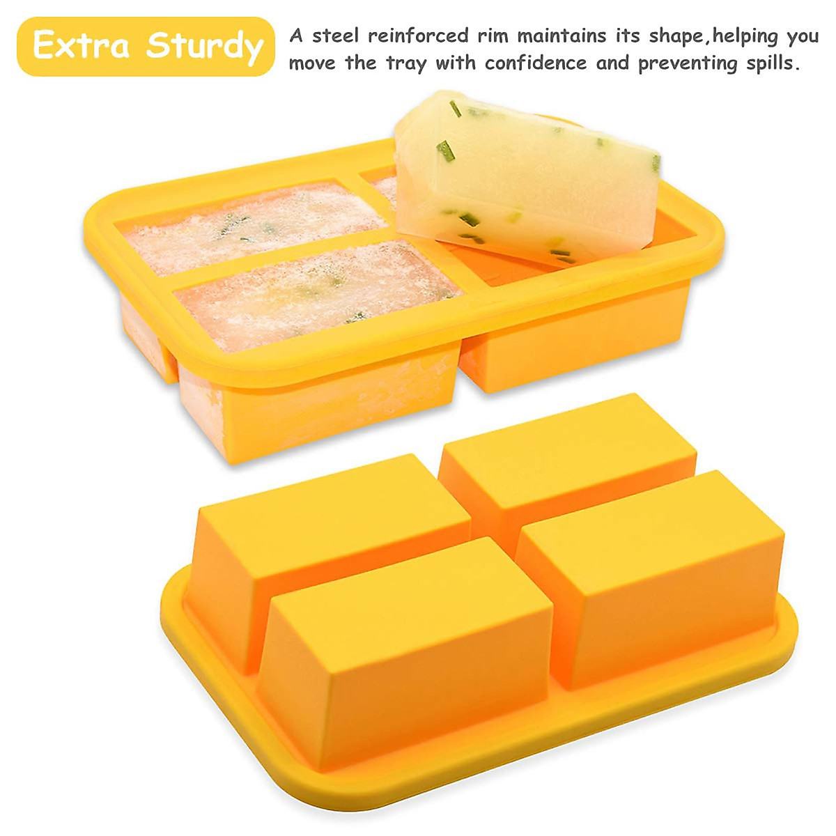 2 Pack Silicone Freezing Tray with Lid Makes 4 Perfect 1-Cup Portions, Easy-Release Silicone Freezer Tray, Food Freezer Mold, Freeze and Store Soup, Broth, Sauce, Leftovers Container, Soup Mold