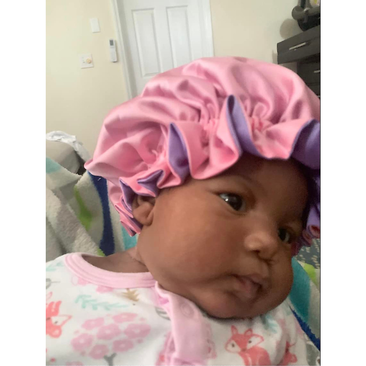 AKISS Reversible Satin Silk Sleep Hair Bonnet for Newborn Baby Girl Boy (Taffy/Lavender, 1~3 M)