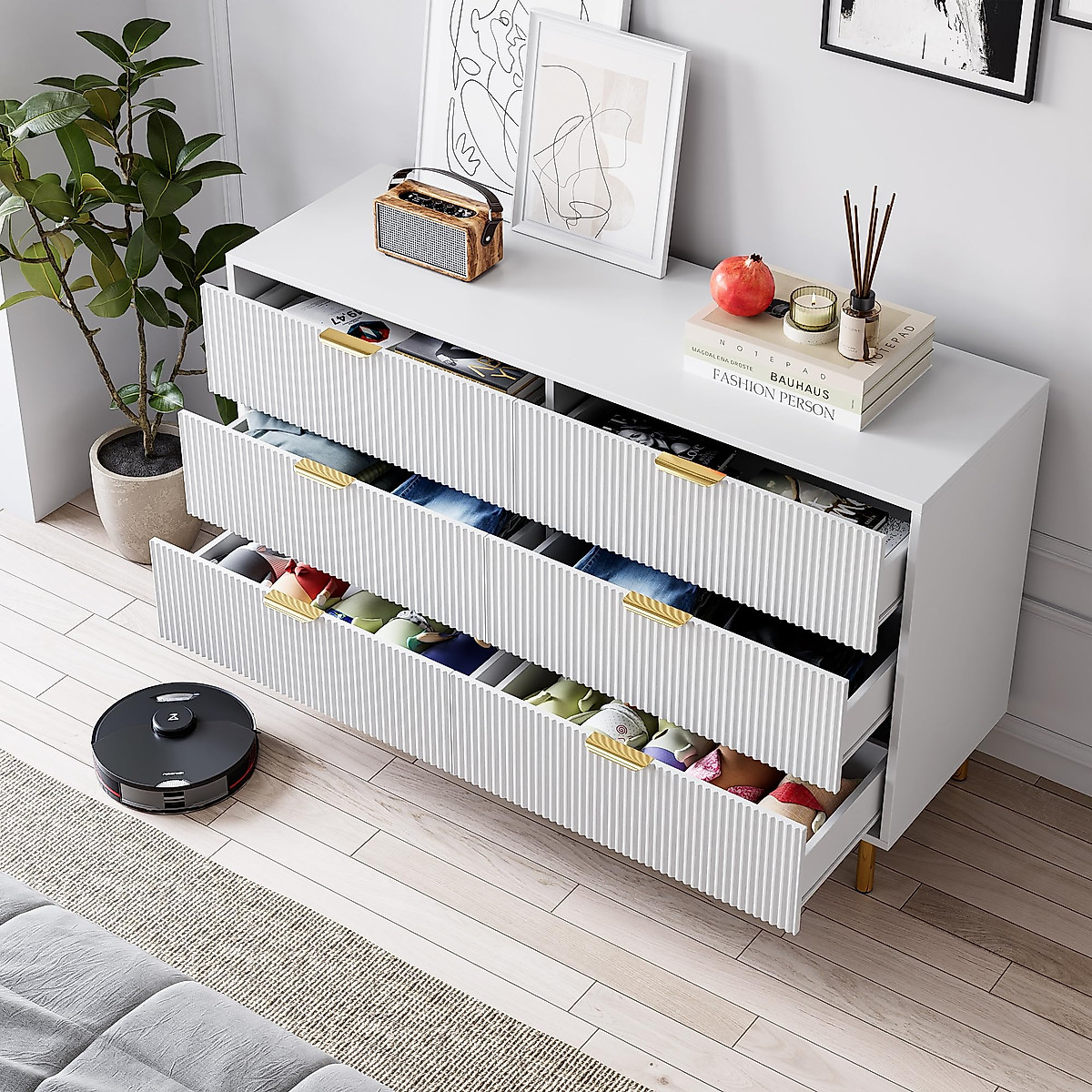 IDEALHOUSE White 6 Drawer Dresser for Bedroom, 56” Wide Wood Dresser Organizer with Metal Legs, Modern Chest of Drawers for Bedroom, Hallway, Home Office