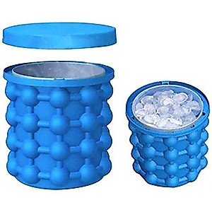 BULUSHI Large 2 in 1 Silicone Ice Bucket & Ice Mold with lid,Silicon Ice Cube Maker Genie, Portable Silicon Ice Cube Maker Blue 13.2X13.2X14CM
