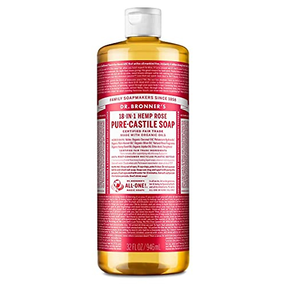 Dr. Bronner’s - Pure-Castile Liquid Soap (Rose, 32 ounce) - Made with Organic Oils, 18-in-1 Uses: Face, Body, Hair, Laundry, Pets and Dishes, Concentrated, Vegan, Non-GMO