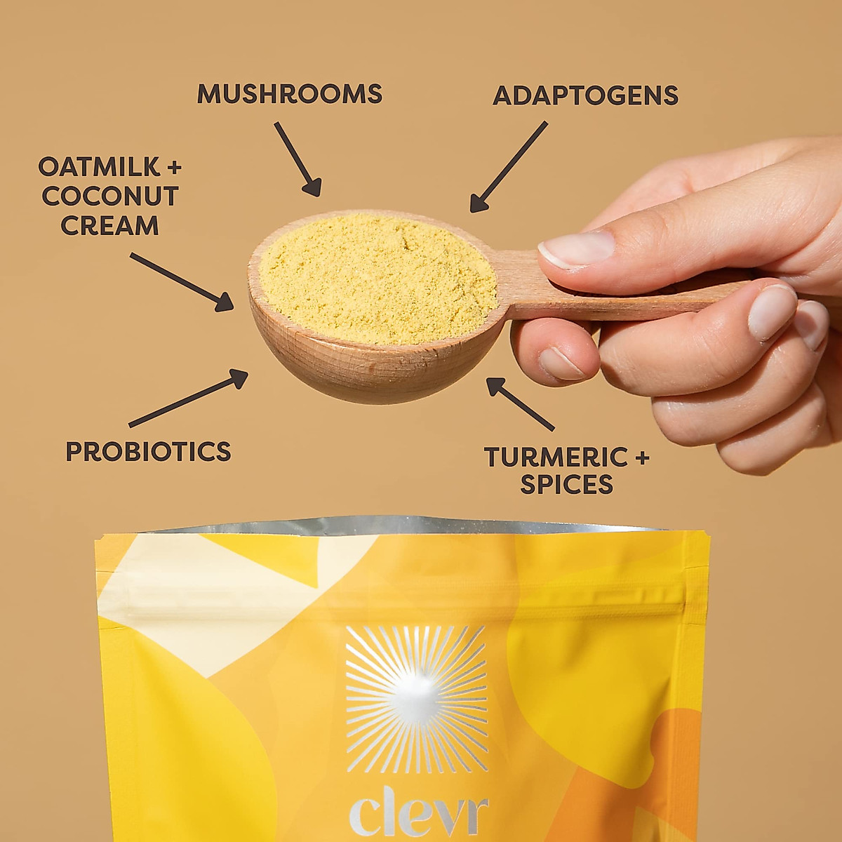 Clevr Blends Turmeric Powder Oat Milk Instant Latte Mix, Golden Milk, Moon Milk Latte Organic Spices, Coconut Superfood Creamer SuperLatte, Adaptogens, Reishi and Lion’s Mane Mushrooms and Probiotics