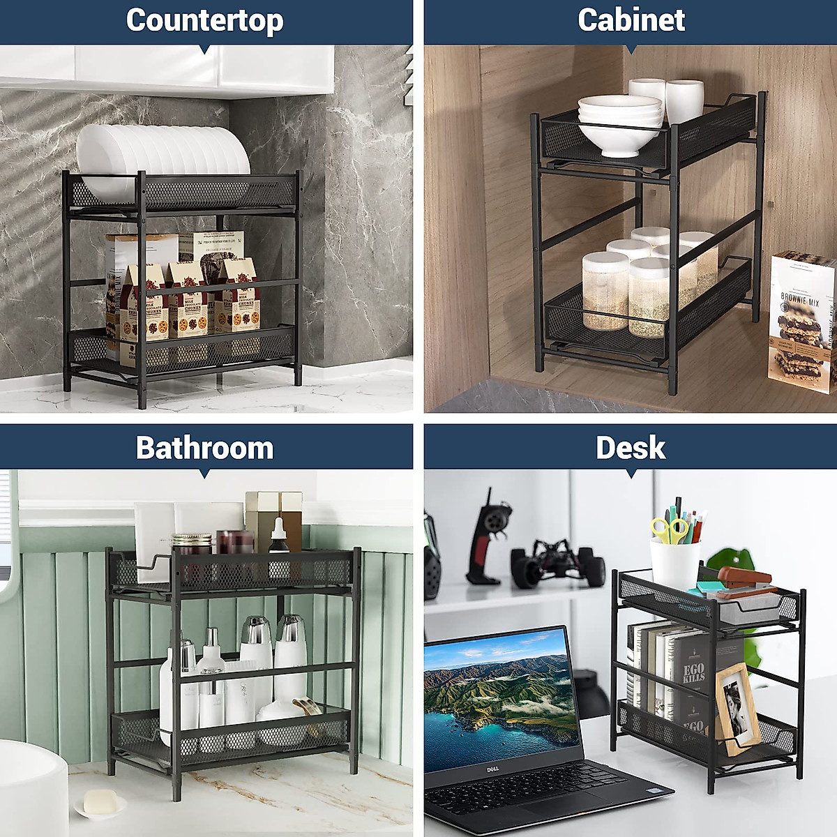 Housolution Under Sink Organizer and Storage, 2 Tier Metal Slide Out Under Cabinet Organizer with Stoppable Drawer, Height Adjustable Under Sink Shelf for Kitchen and Bathroom, Black