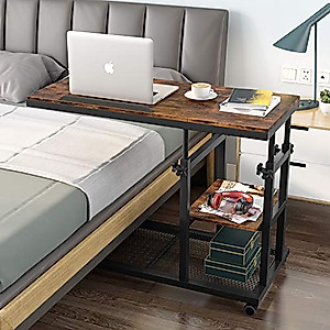 Tribesigns Height Adjustable C Table with Wheels, Mobile Couch Snack Side Table with Tiltable Drawing Board, Sofa Bedside Laptop Stand C Shaped TV Tray with Storage Shelves (Brown)
