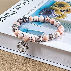 Natural Stone Beaded Apple Tree of Life Pendant Bracelet with Message Card for Women Men Teacher Strench Cord Teacher Appreciation Bracelet Teachers' Day Jewelry Retirement Gift-I pink tree