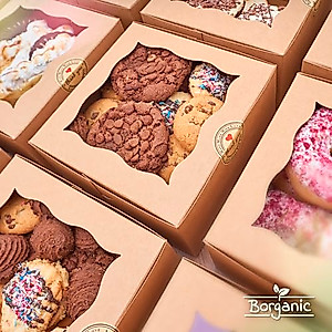 BORGANIC Cookie Boxes For Packaging - The Strongest 6x6x3 Cookie Boxes With Window [50 Pack] - Oil Resistant Cookie Boxes - Premium Bakery Boxes With Window - Cookie Boxes For Gift Giving