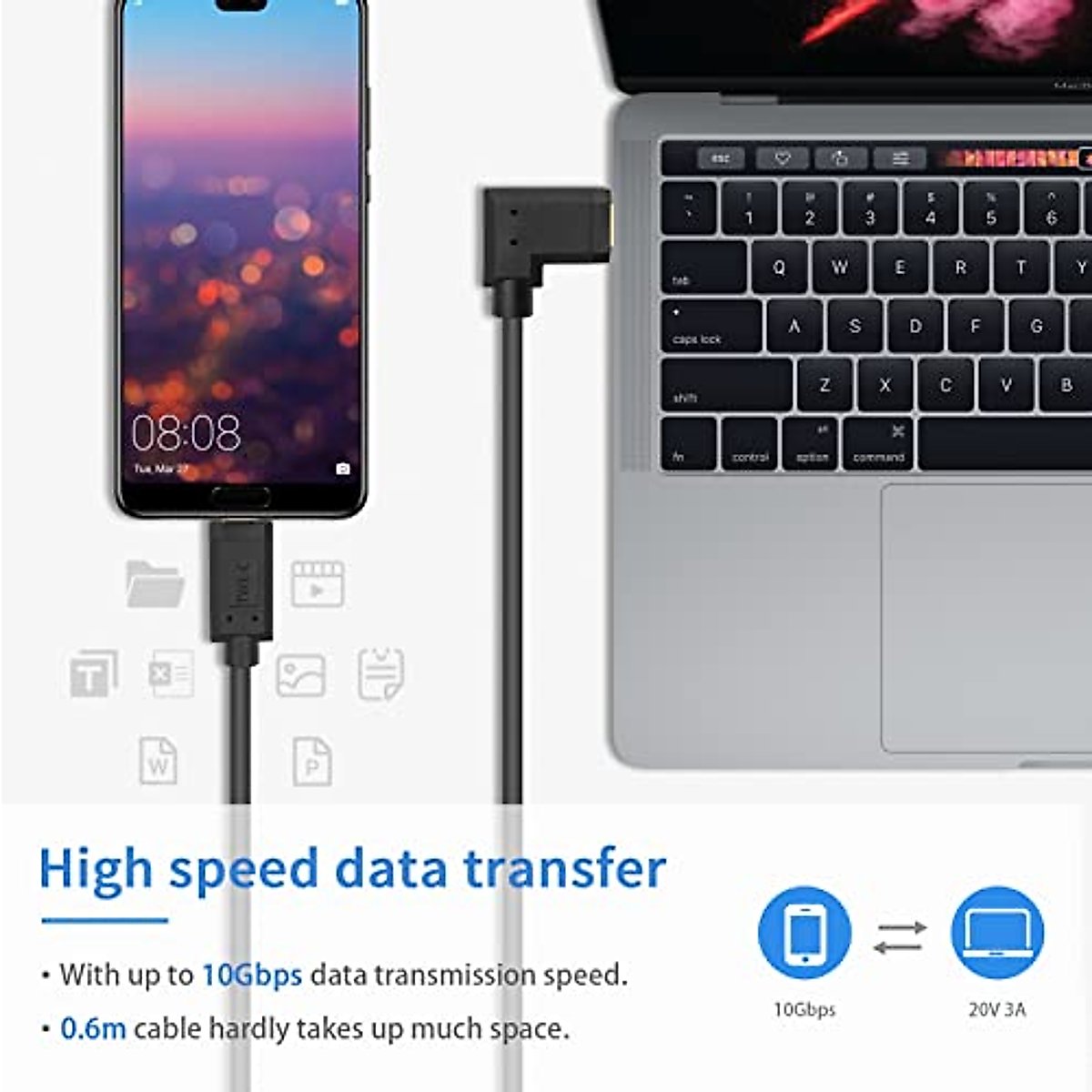 Poyiccot Right Angle USB C Cable 2ft, 90 Degree USB C to USB C Cable, Type C to Type C Cable, 10gbps 60W USB 3.1 Type C Fast Charging Cable for Laptop & Tablet & Mobile Phone (USB C Right Angle)