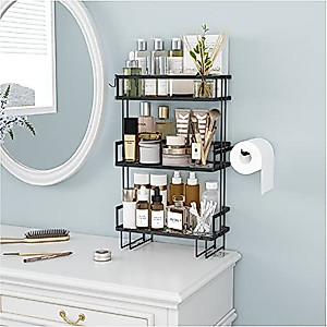 Fokyfok Over Toilet Bathroom Organizer,Over The Toilet Storage Shelf, Toilet Shelf with Toilet Paper Holder,Bathroom Shelf Over Toilet,3 Tier Toilet Storage Rack Black Metal (Black)