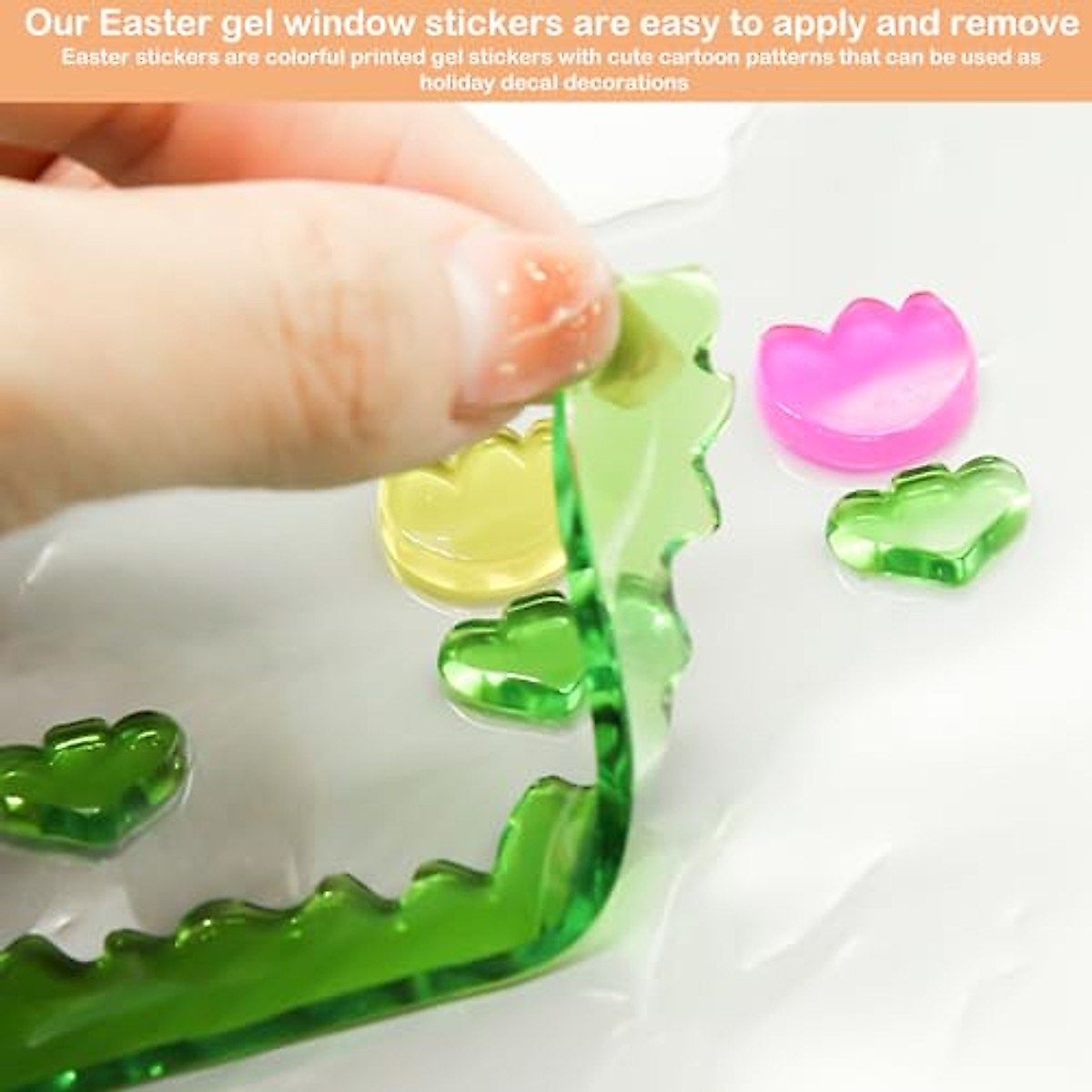 4Pcs Easter Window Clings for Glass Windows, Easter Decorative Gel Window Clings for Kids, Colorful Printed Easter Stickers with Bunny Carrot Egg Chick Flowers Clear Stickers, Removable Holiday Decals