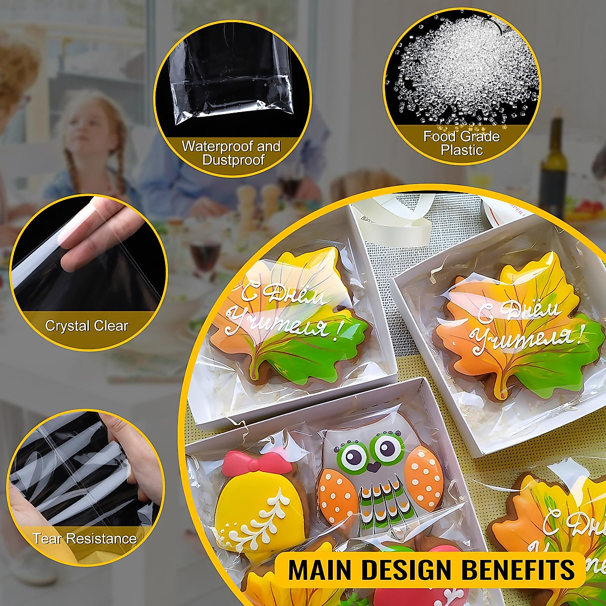 MORIDA Clear Cellophane Bags 200 Pcs 4x6 inch Self Adhesive Cookie Bags Candy Bags Treat Bags Resealable Self Sealing Plastic Cello Bags for Favors Snack Goodie Gift Packaging