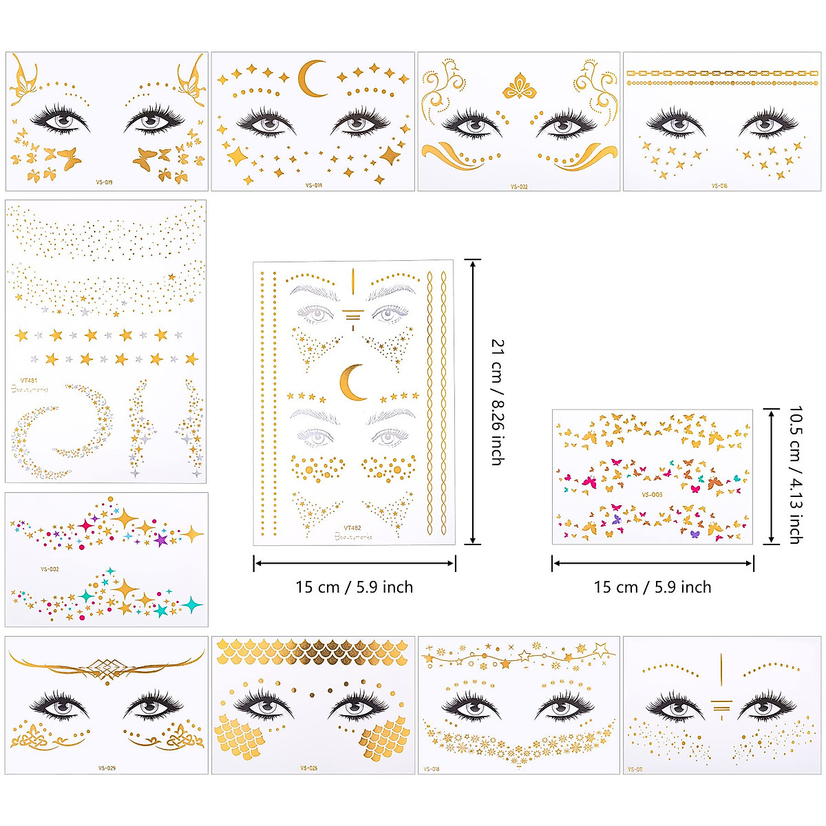 12 Sheets Face Metallic Shiny Temporary Tattoos Sticker, Halloween Face Glitter Gold Water Transfer Freckle Flash Tattoo for Women Girls Halloween Makeup Dancer Costume Parties Rave Musical Festivals