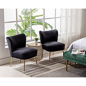 Janoray Velvet Accent Chair Set of 2 Comfy Living Room Chair Armless Slipper Chair Mid Century Side Chair Single Sofa Chair with Golden Legs Wingback for Bedroom Guest Room, Black