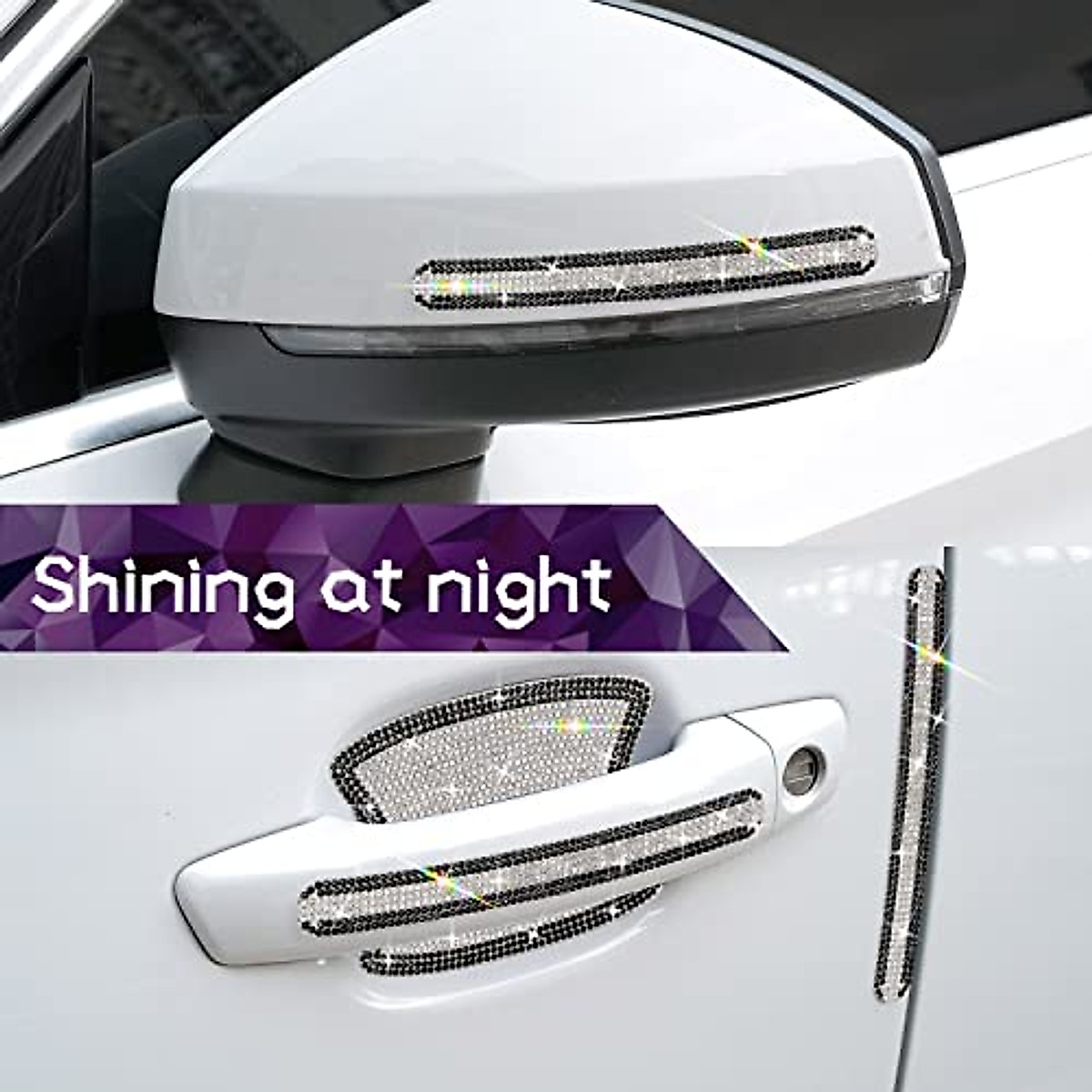 8PCS Car Door Handle Bling Rhinestones Stickers Universal Auto Door Handle Scratch Cover Guard Protective Film Pad with Safety Reflective Strips (Black & Sliver Set)